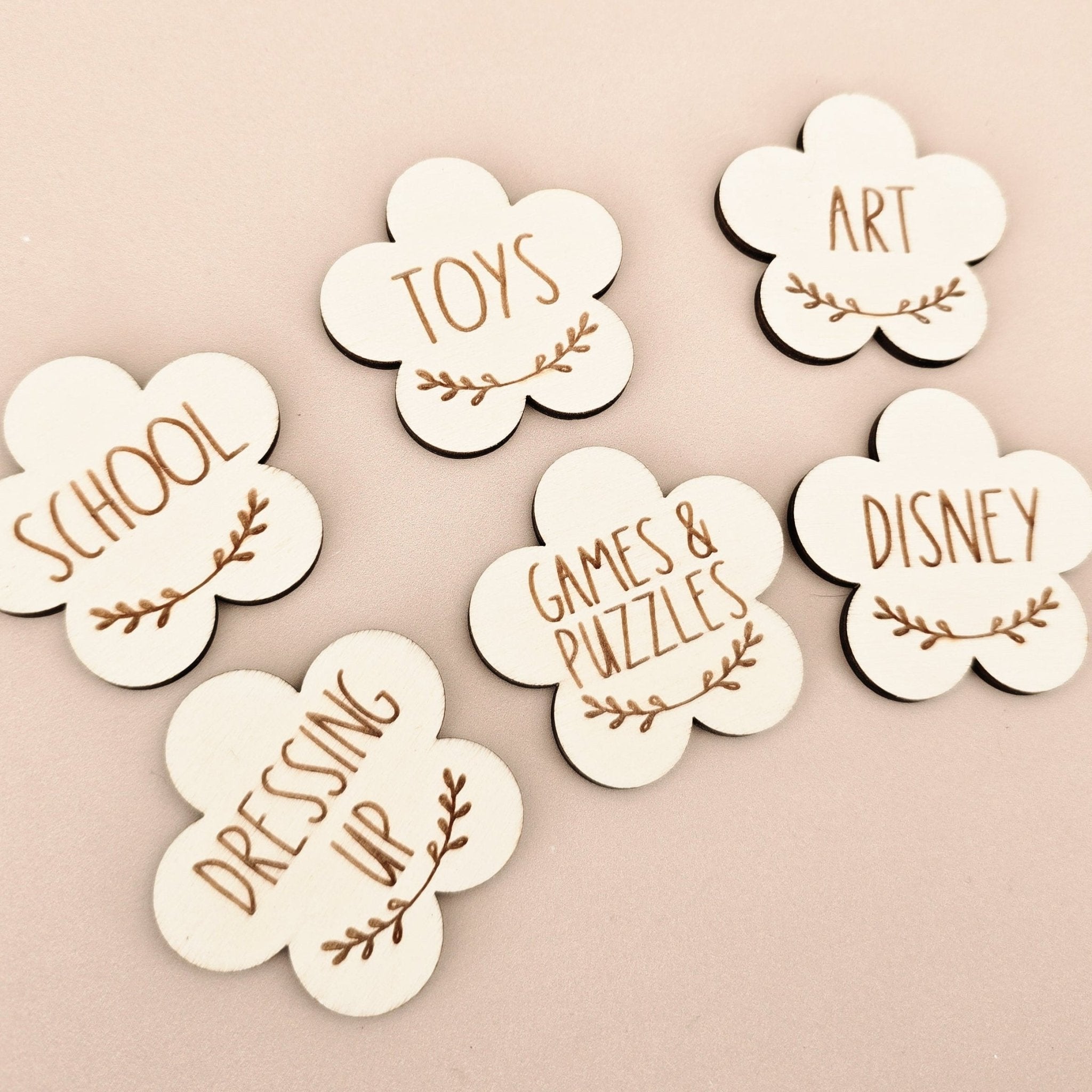 Daisy Wooden Labels | Personalised Scandi All-Caps Tags with Laurel ...