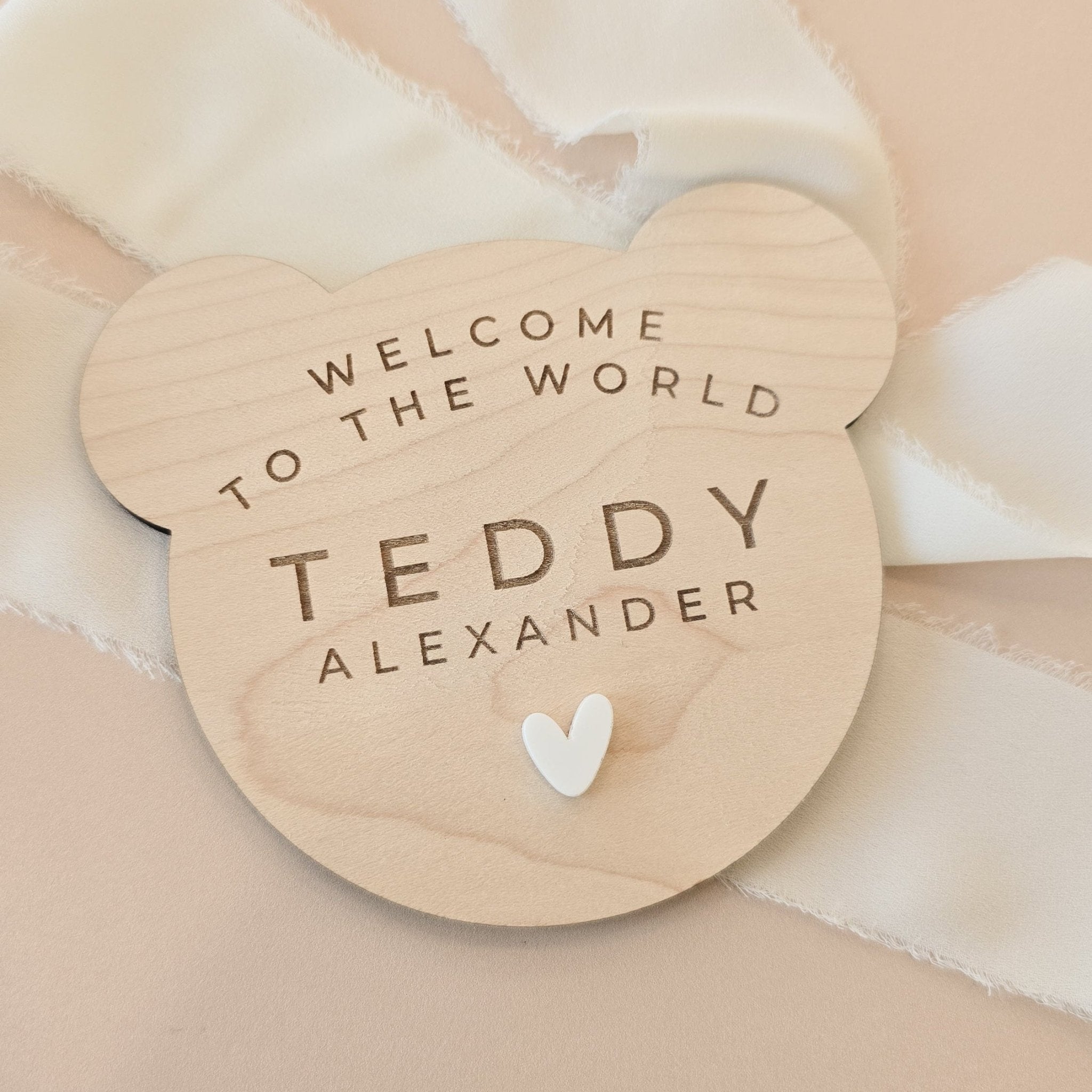 Teddy Bear Baby Name Plaque – Personalised Wooden Sign with Heart Deta ...